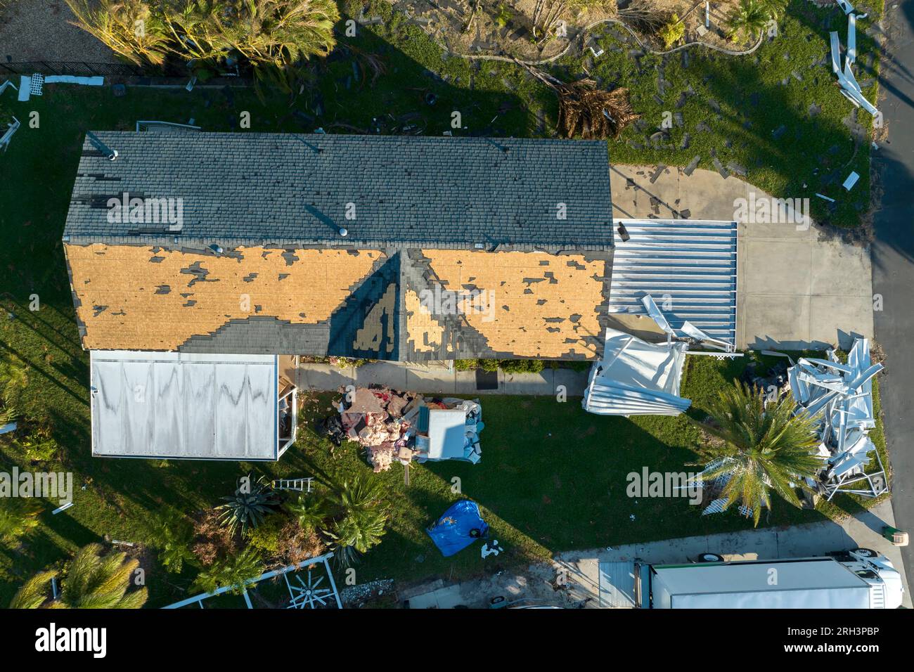 Aerial view of natural disaster consequences. Severely damaged by ...