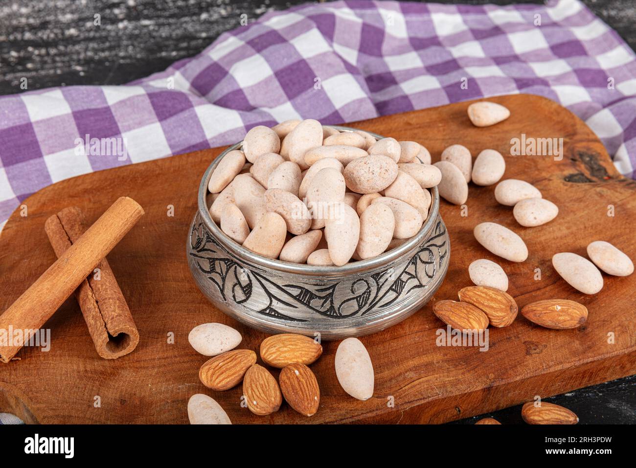 Multi colored sugared almonds. Turkish Badem Sekeri, almond, top view ...