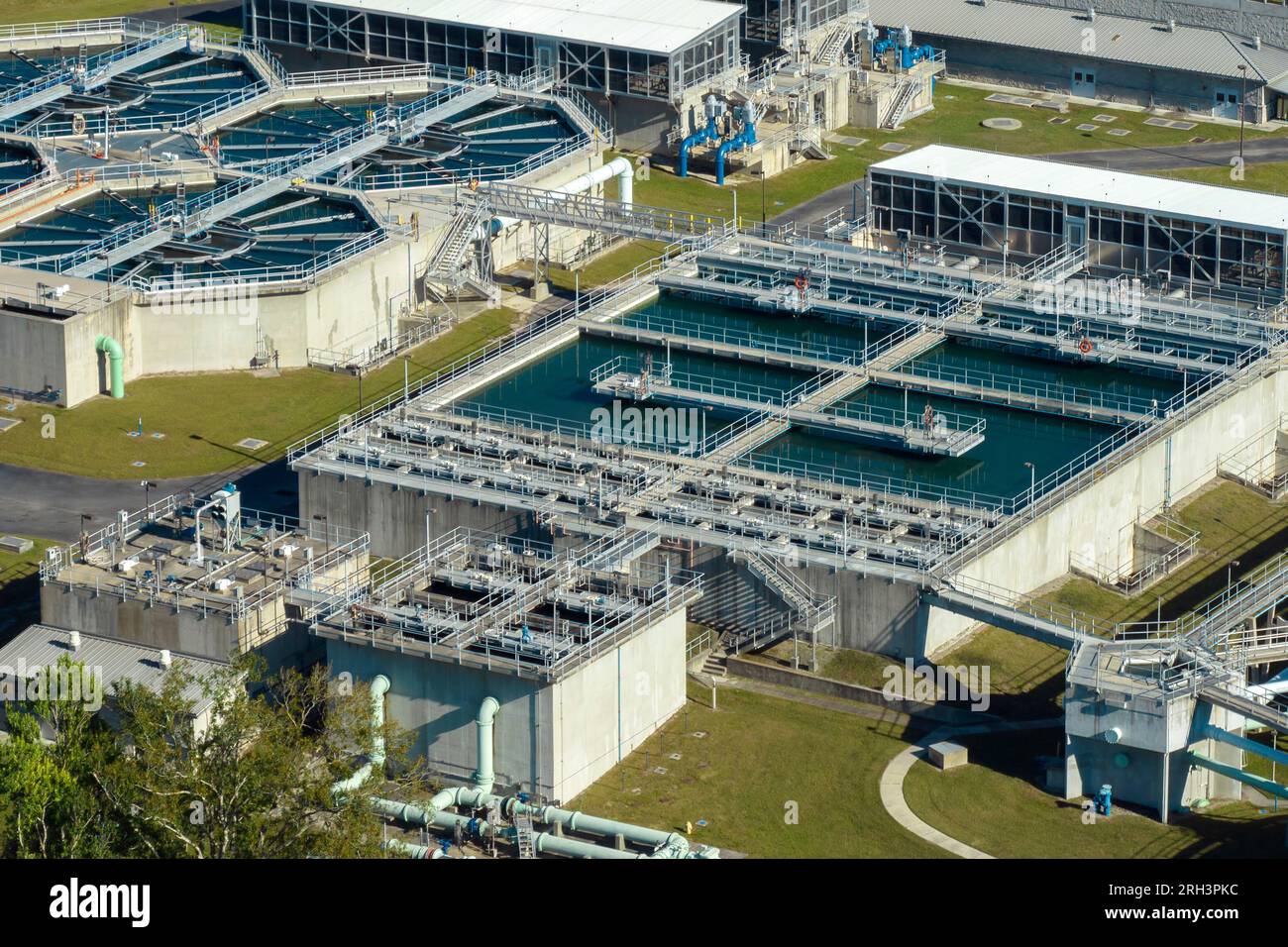 Aerial view of water treatment factory at city wastewater cleaning ...