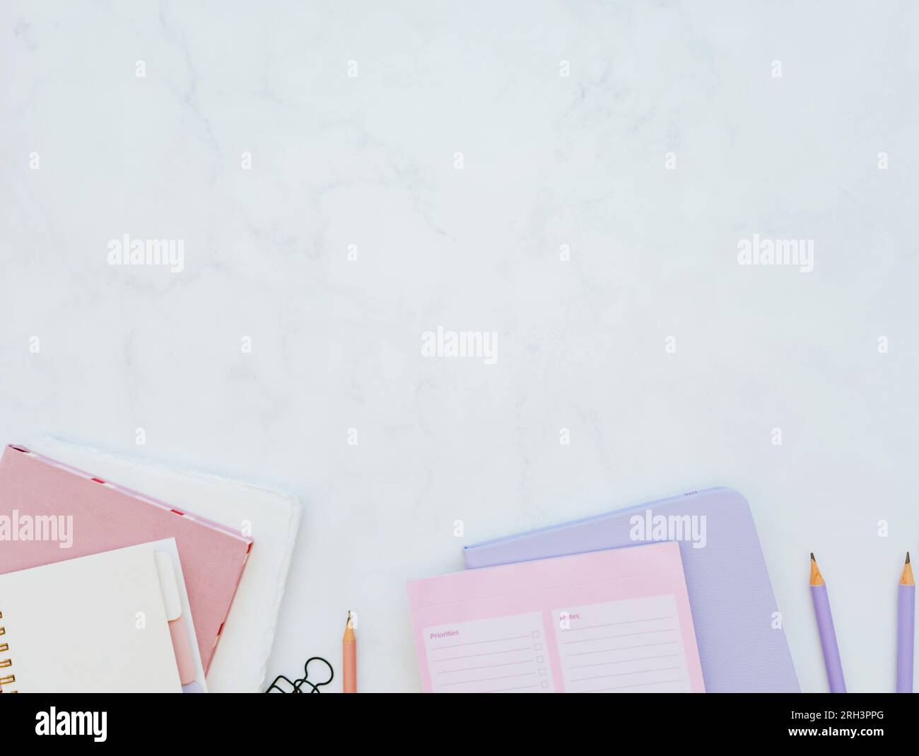 Top view home office desk on white background. Flat lay, top view ...