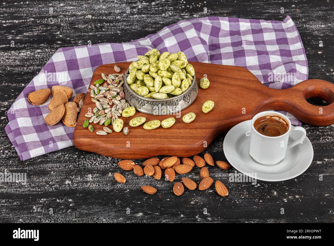 Multi colored sugared almonds. Turkish Badem Sekeri, almond, top view ...