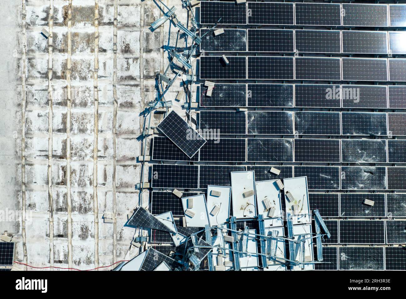 Broken down photovoltaic solar panels destroyed by hurricane Ian winds ...