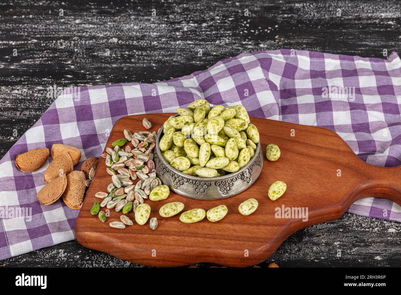 Multi colored sugared almonds. Turkish Badem Sekeri, almond, top view ...