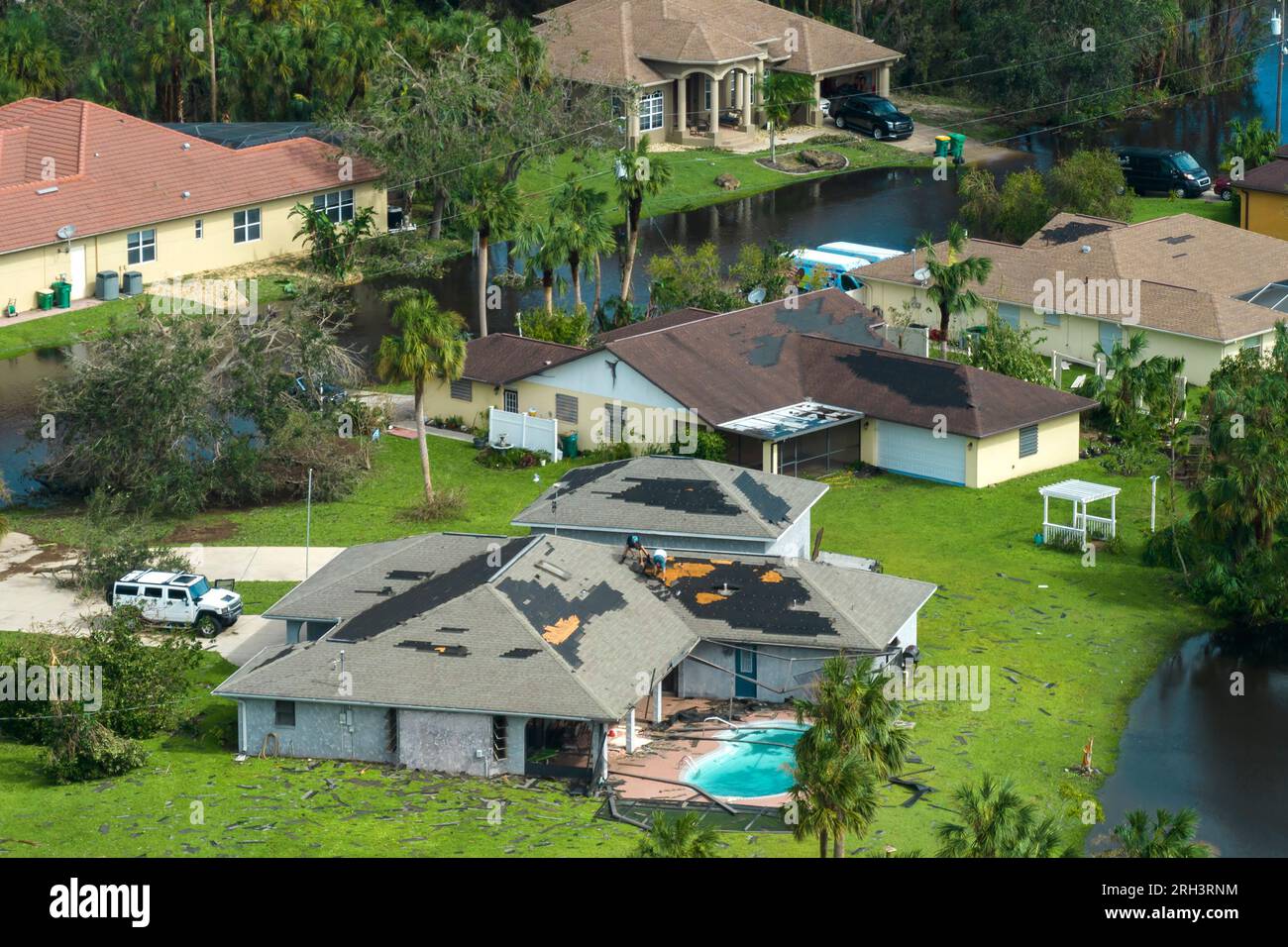 Destroyed house roof by hurricane Ian strong winds in Florida ...