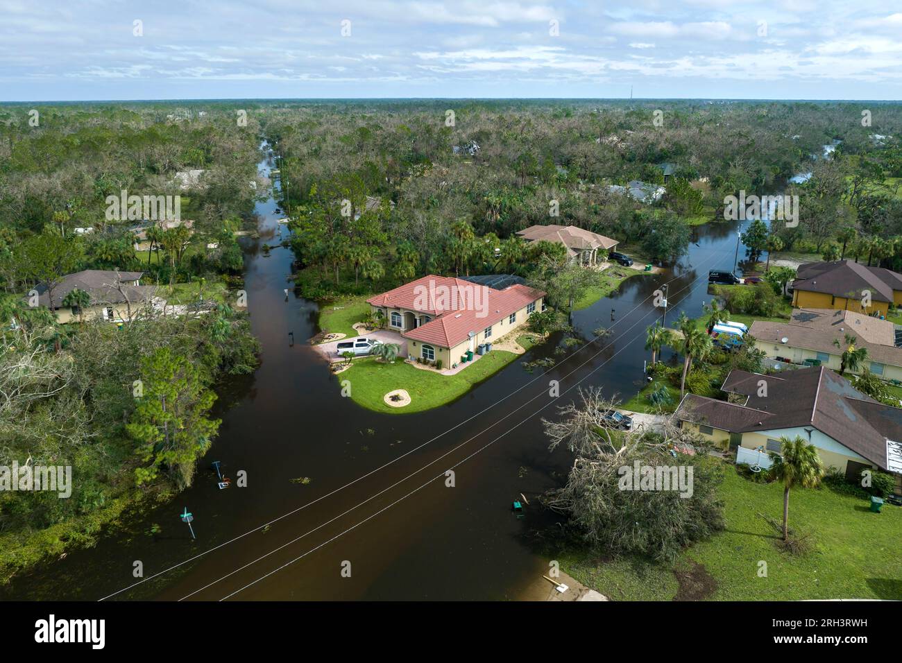 Flooded houses by hurricane Ian rainfall in Florida residential area ...