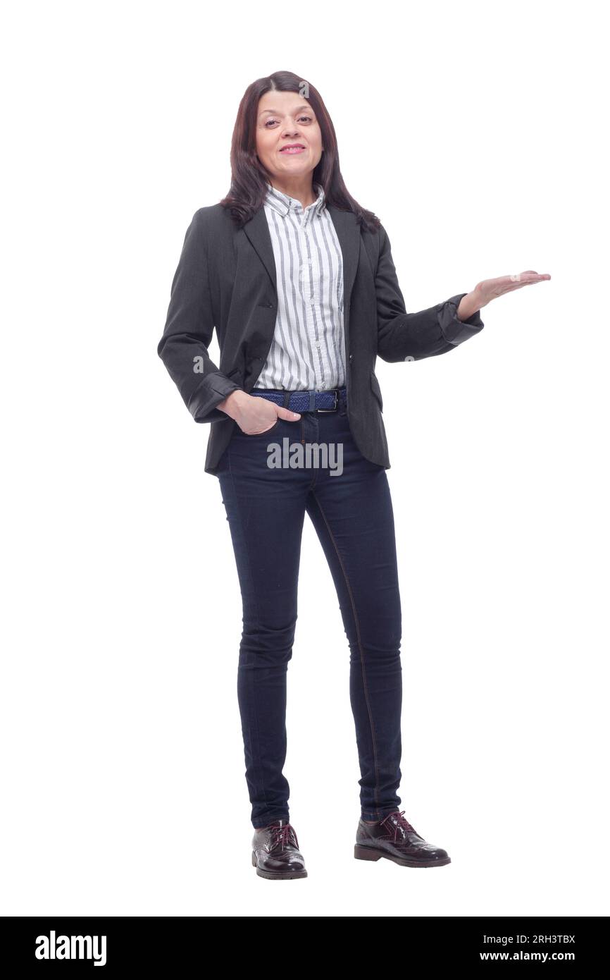 Woman smiling hands open palm Cut Out Stock Images & Pictures - Alamy