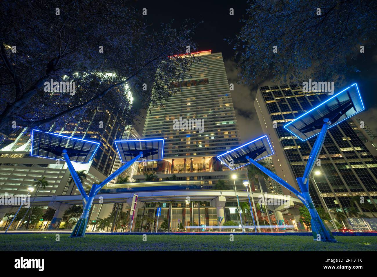 Modern urban street neon illumination with solar photovoltaic panels ...