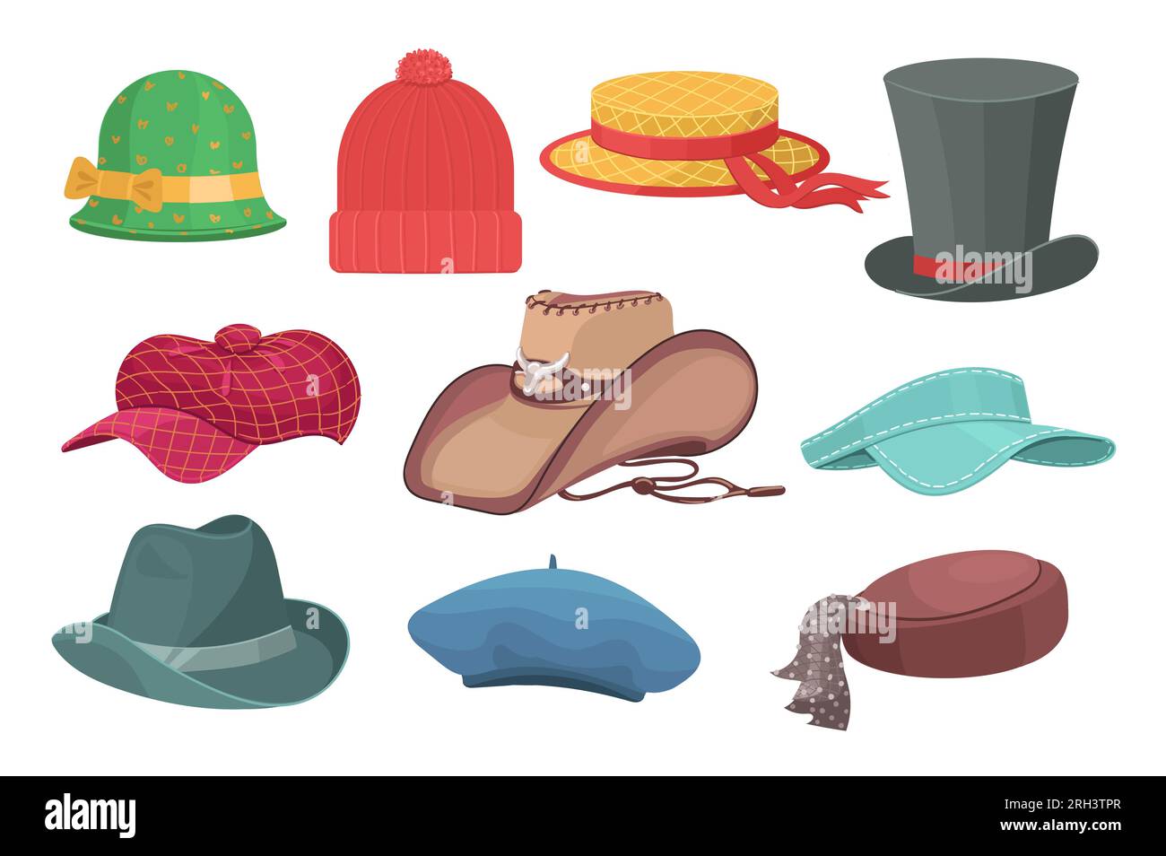 Cartoon hats. Different types of headgears. Summer caps. Fashionable ...