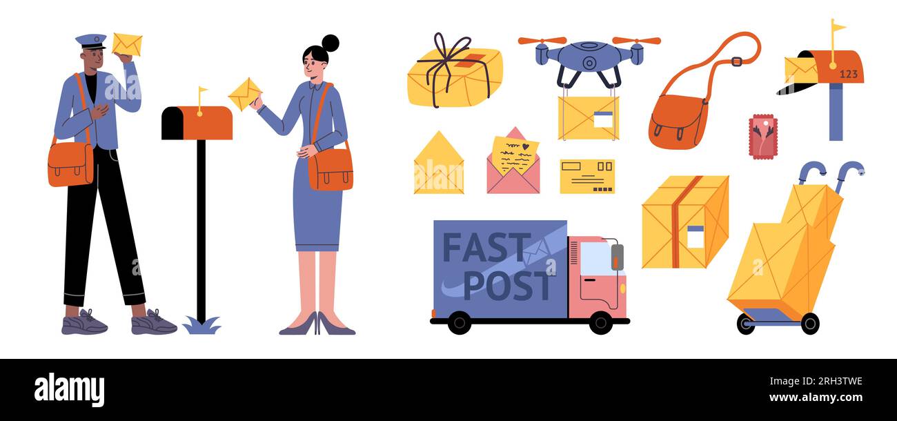 Cartoon postman and mail elements. Postal envelopes and boxes. Sending ...