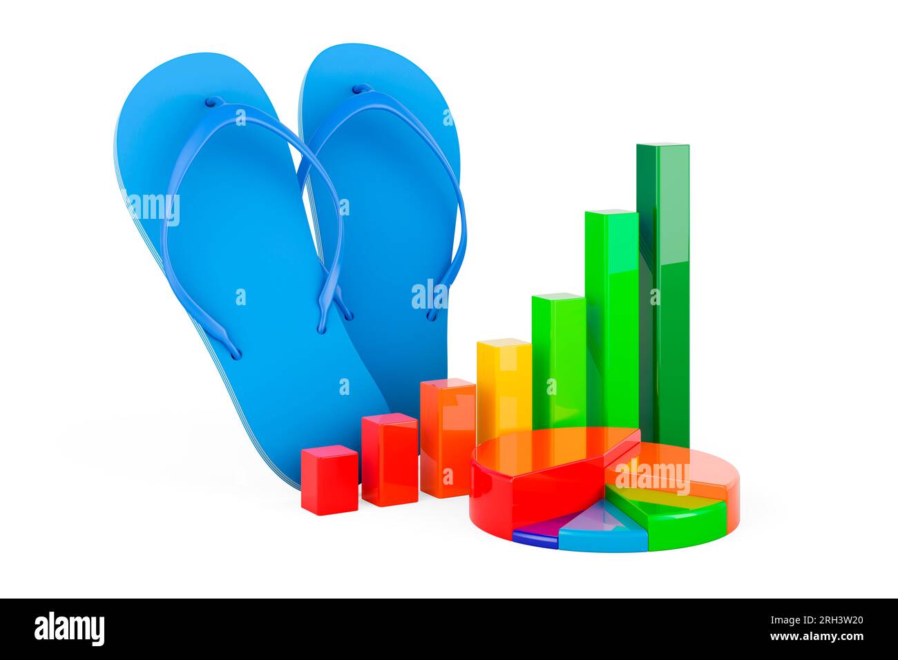 Blue flip-flops with growth bar graph and pie chart, 3D rendering ...