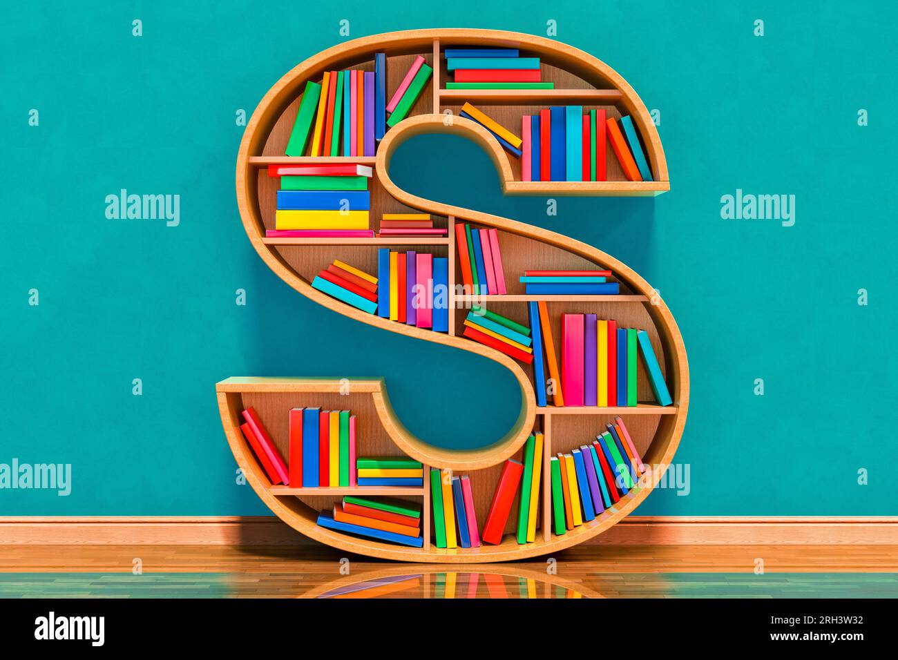Letter S in the form of shelves with books in the room near wall, 3D ...