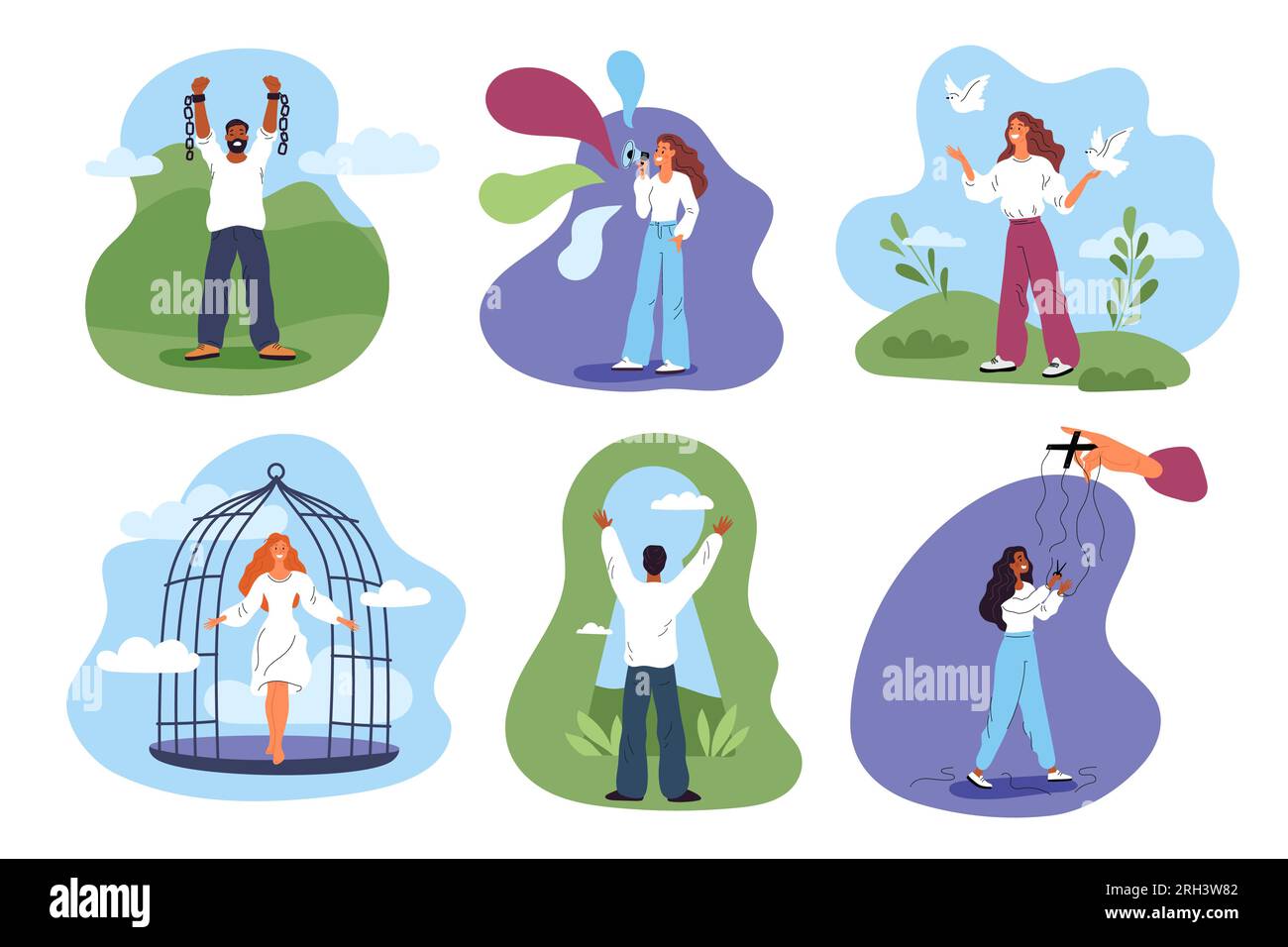 Freedom concept scenes. People released from cell. Man breaks shackles ...