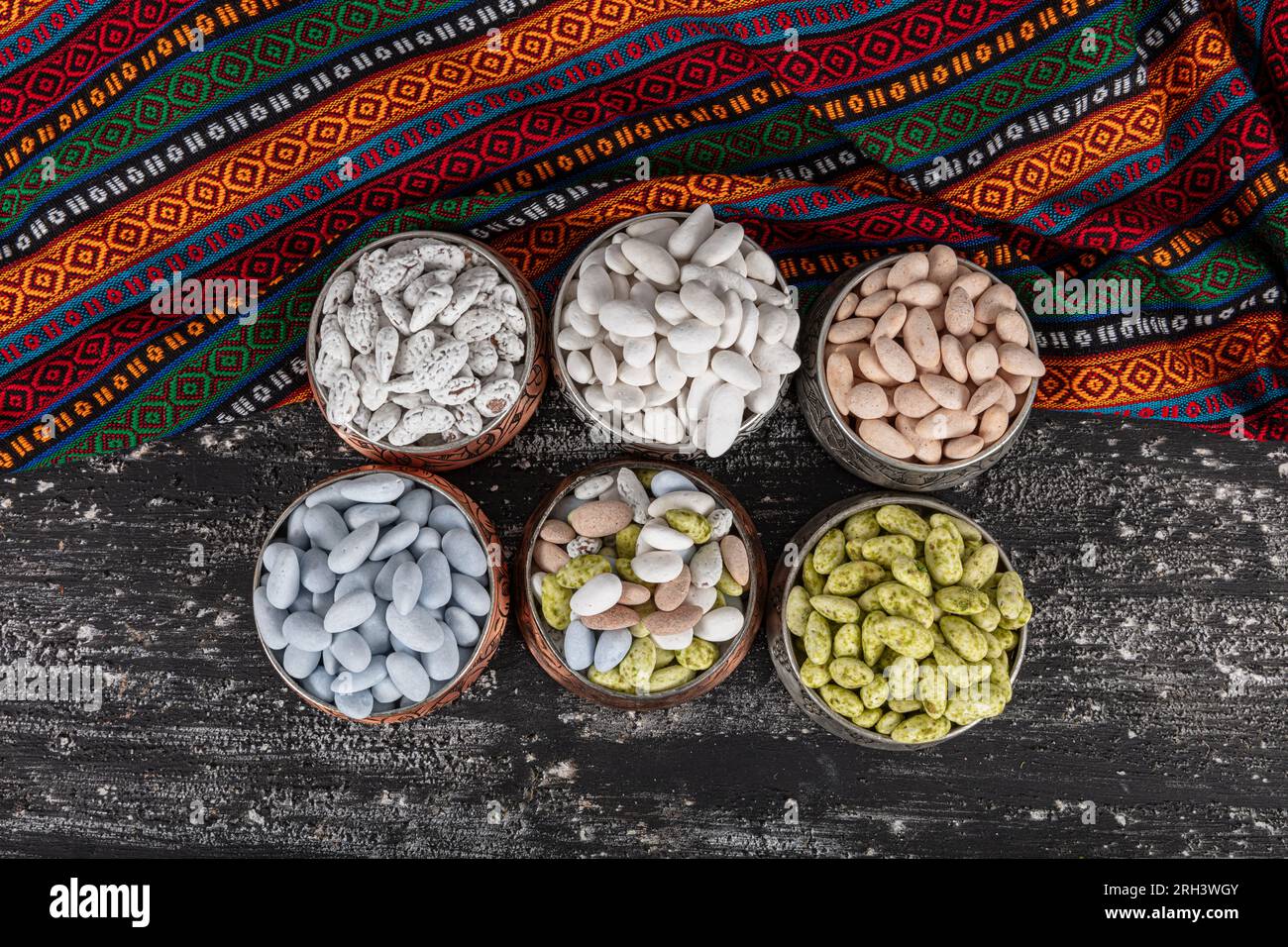 Multi colored sugared almonds. Turkish Badem Sekeri, almond, top view ...