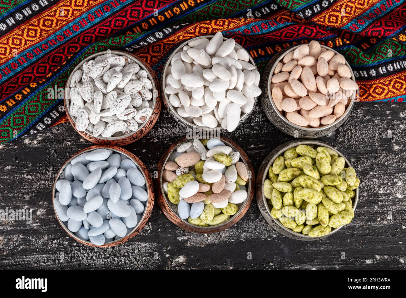 Multi colored sugared almonds. Turkish Badem Sekeri, almond, top view ...