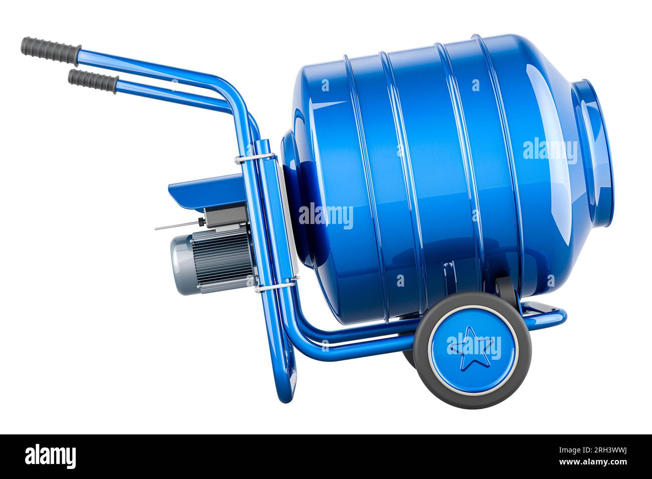 Blue Cement Mixer, side view. 3D rendering isolated on white background ...