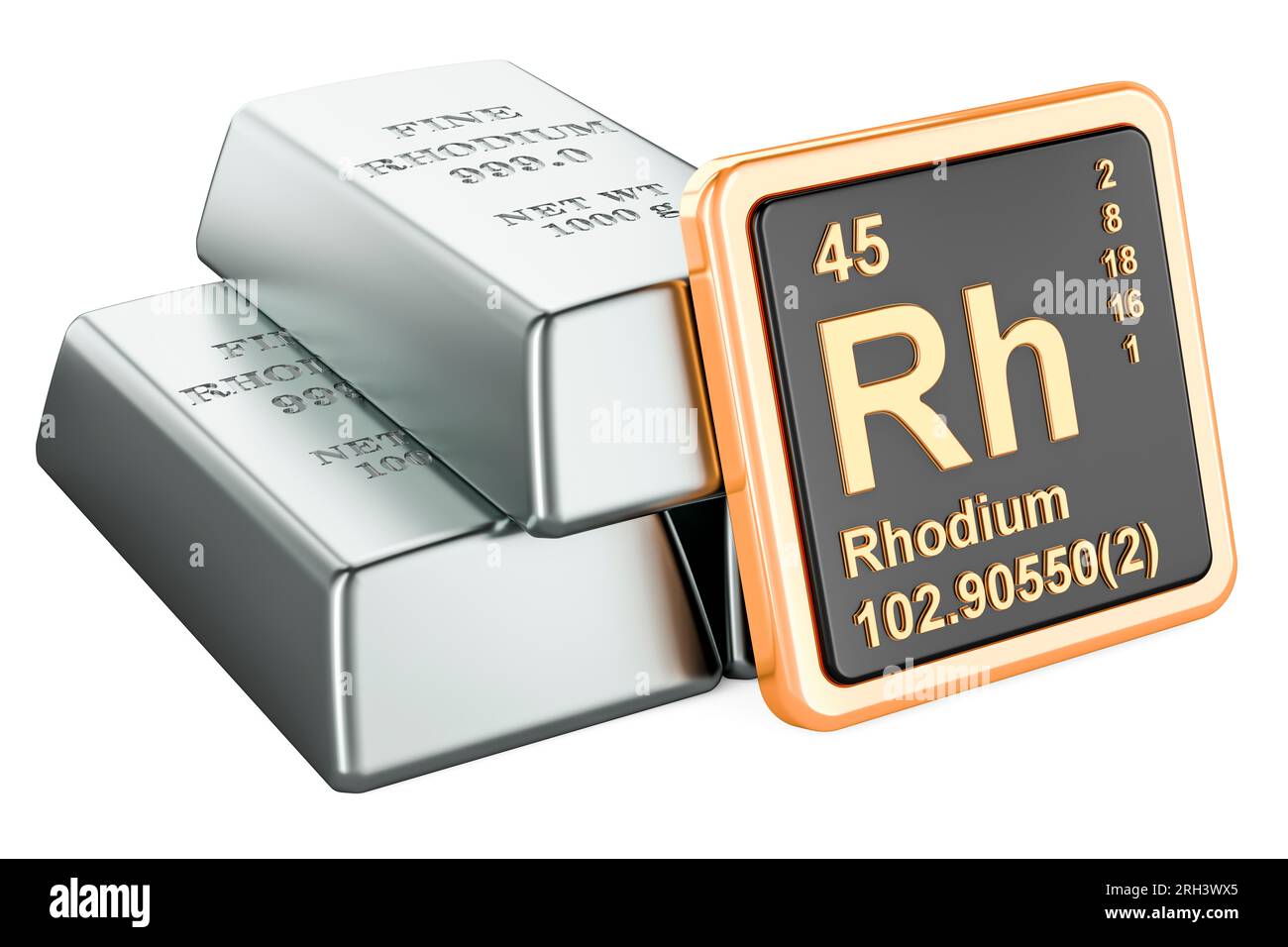Rhodium ingots with chemical element icon Rhodium Rh, 3D rendering ...