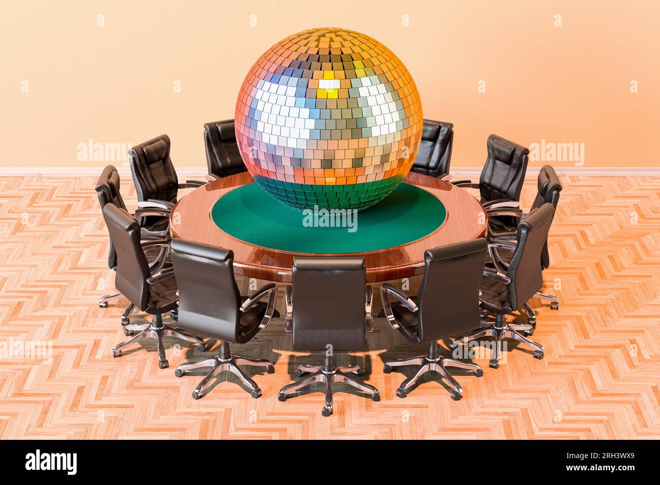 Round table with disco ball and armchairs around, 3D rendering Stock ...