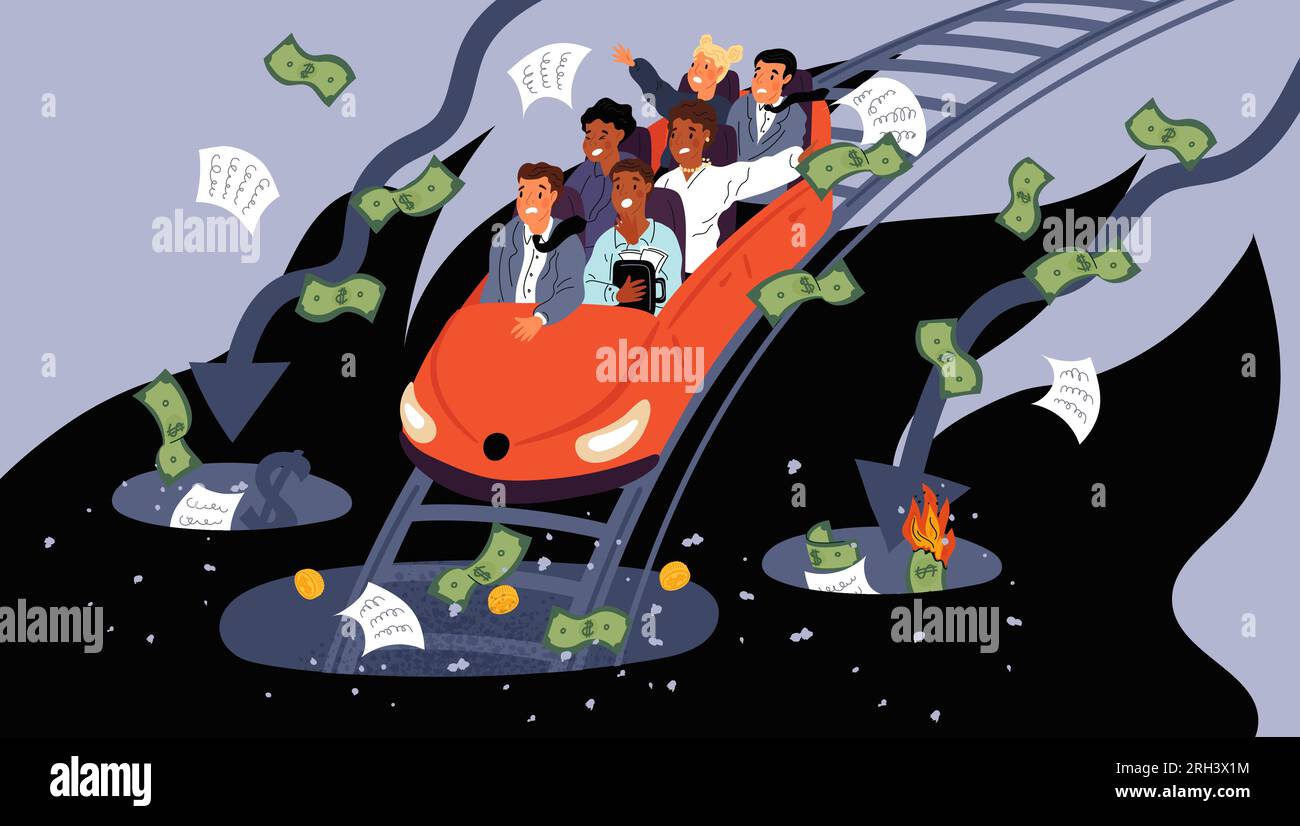 Scared people rushing in abyss on roller coaster. Financial crisis ...