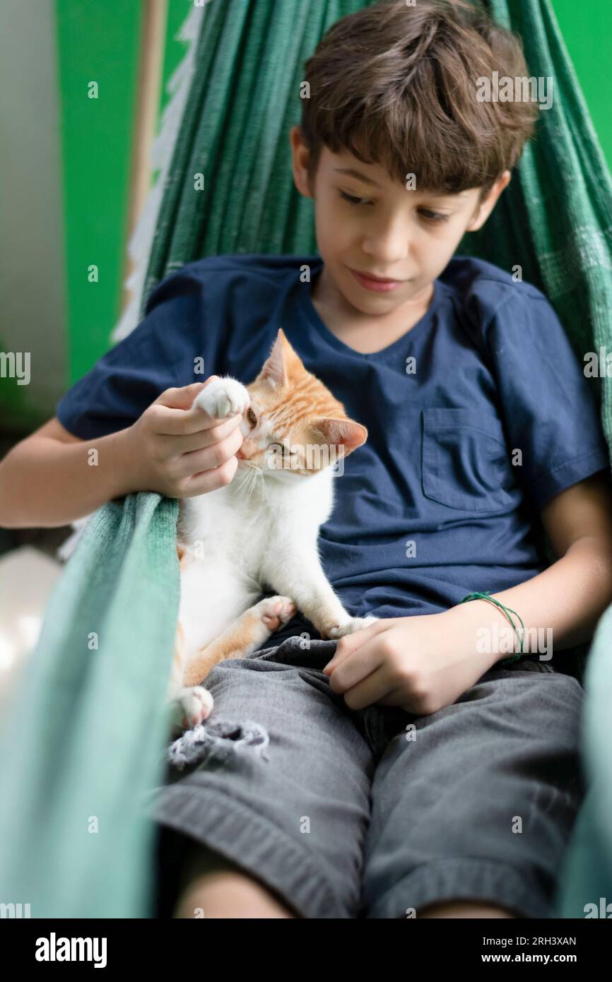 Boy inside a hammock with his pet cat petting him. Love for animals ...