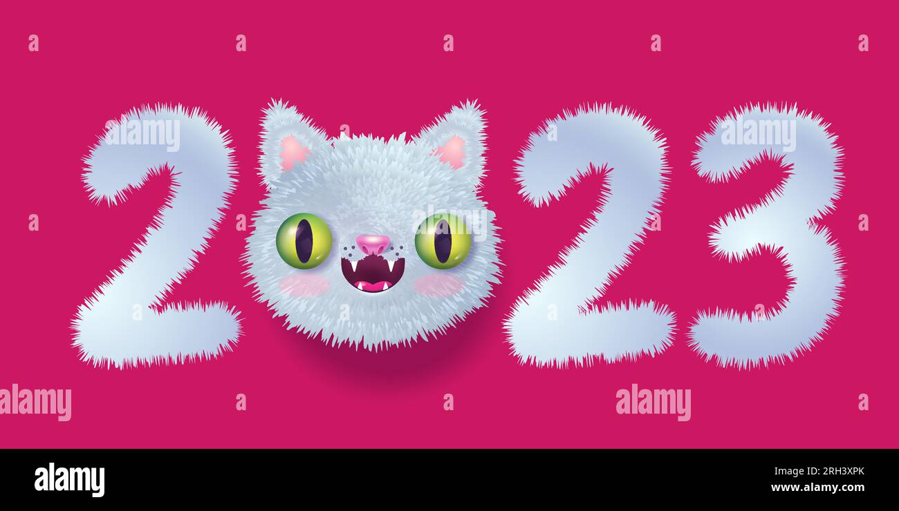 Vector emblem for new year of 2023 with head of a cute cat in realistic ...