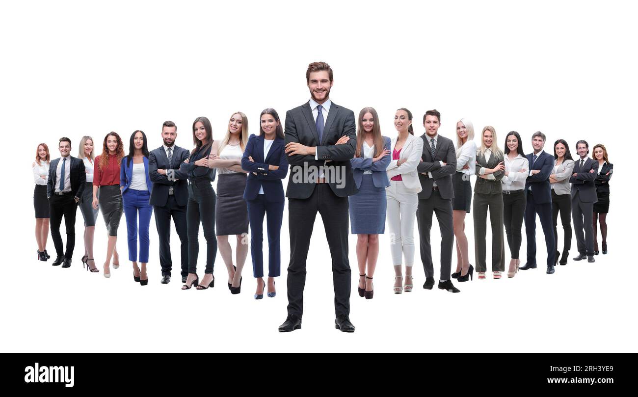 leader standing on the background of a large business team Stock Photo ...