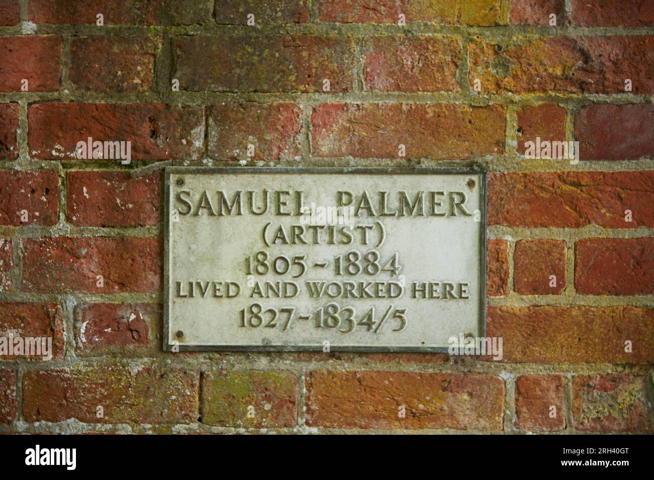 Plaque on the wall outside the former home of artist Samuel Palmer, in the Kent village of ...