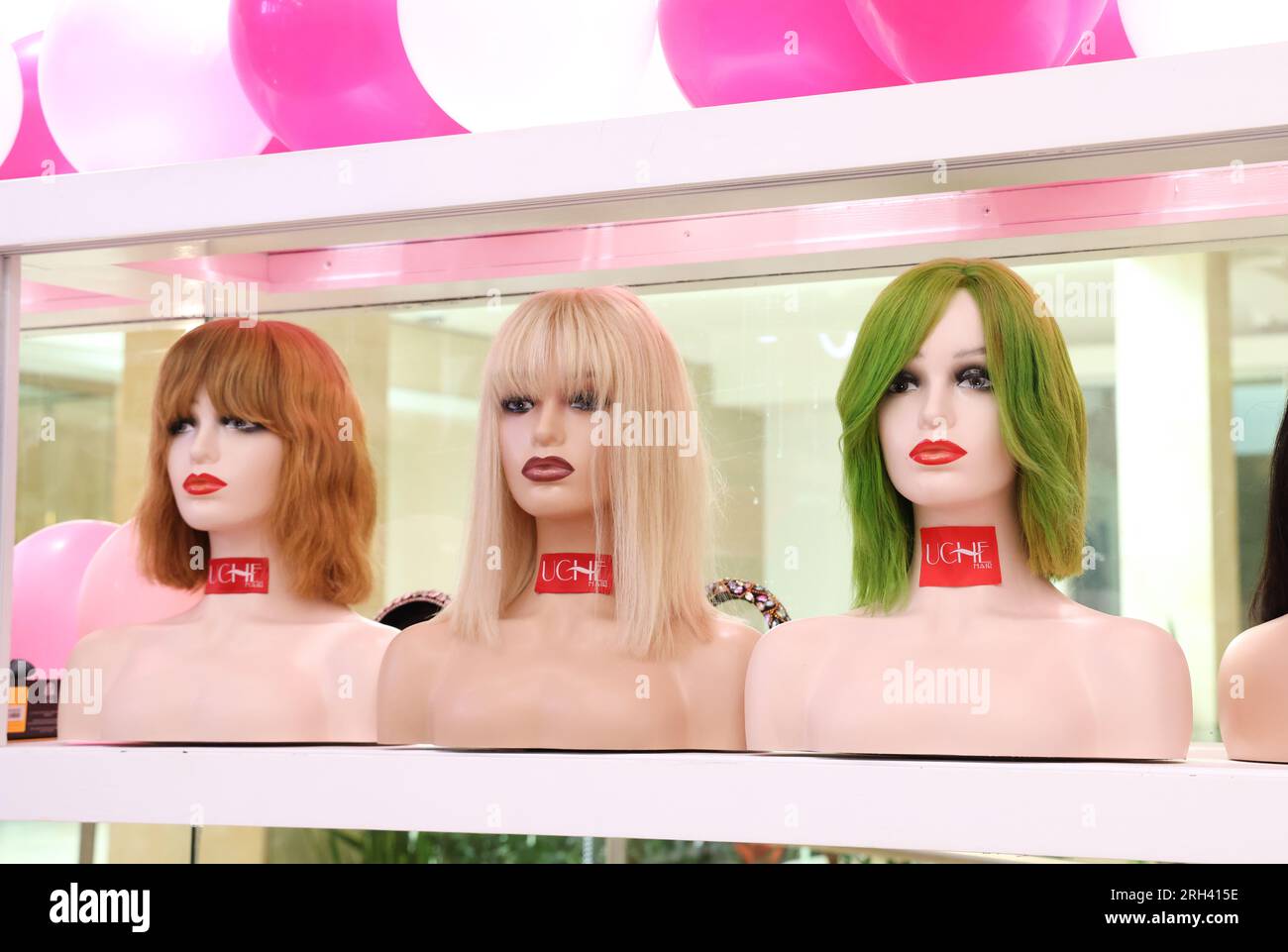 Canoga Park, California, USA. Display of wigs at the Uche Hair store at ...