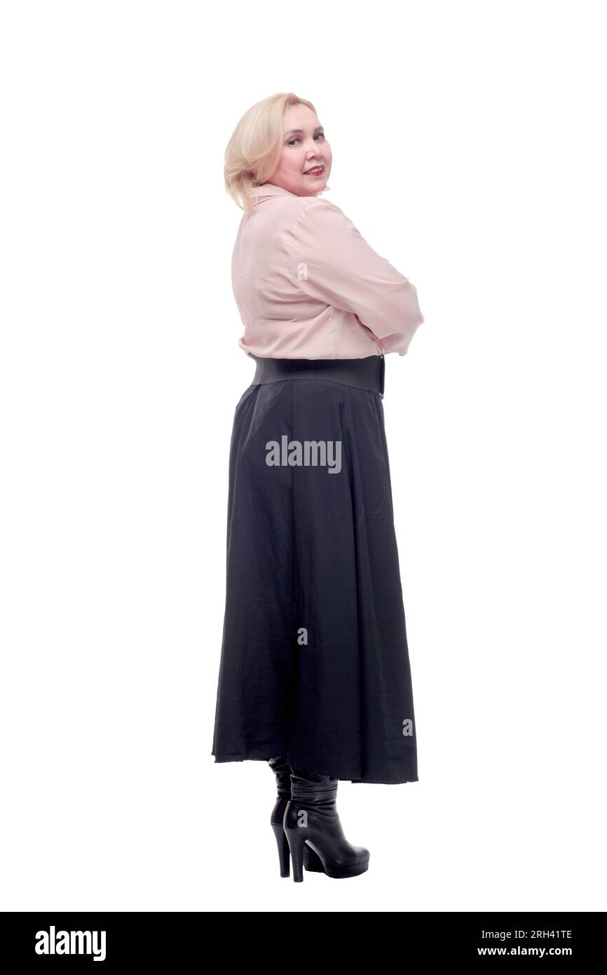 Back view of beautiful blonde woman looking at something Stock Photo ...