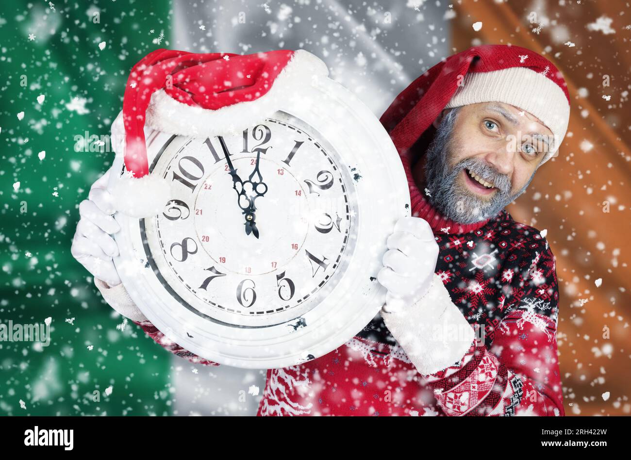 Santa Claus holds a clock in his hands, on which 5 minutes are left ...
