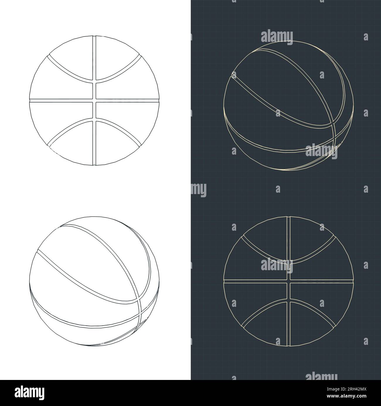Stylized vector illustrations of blueprints of basketball ball Stock ...