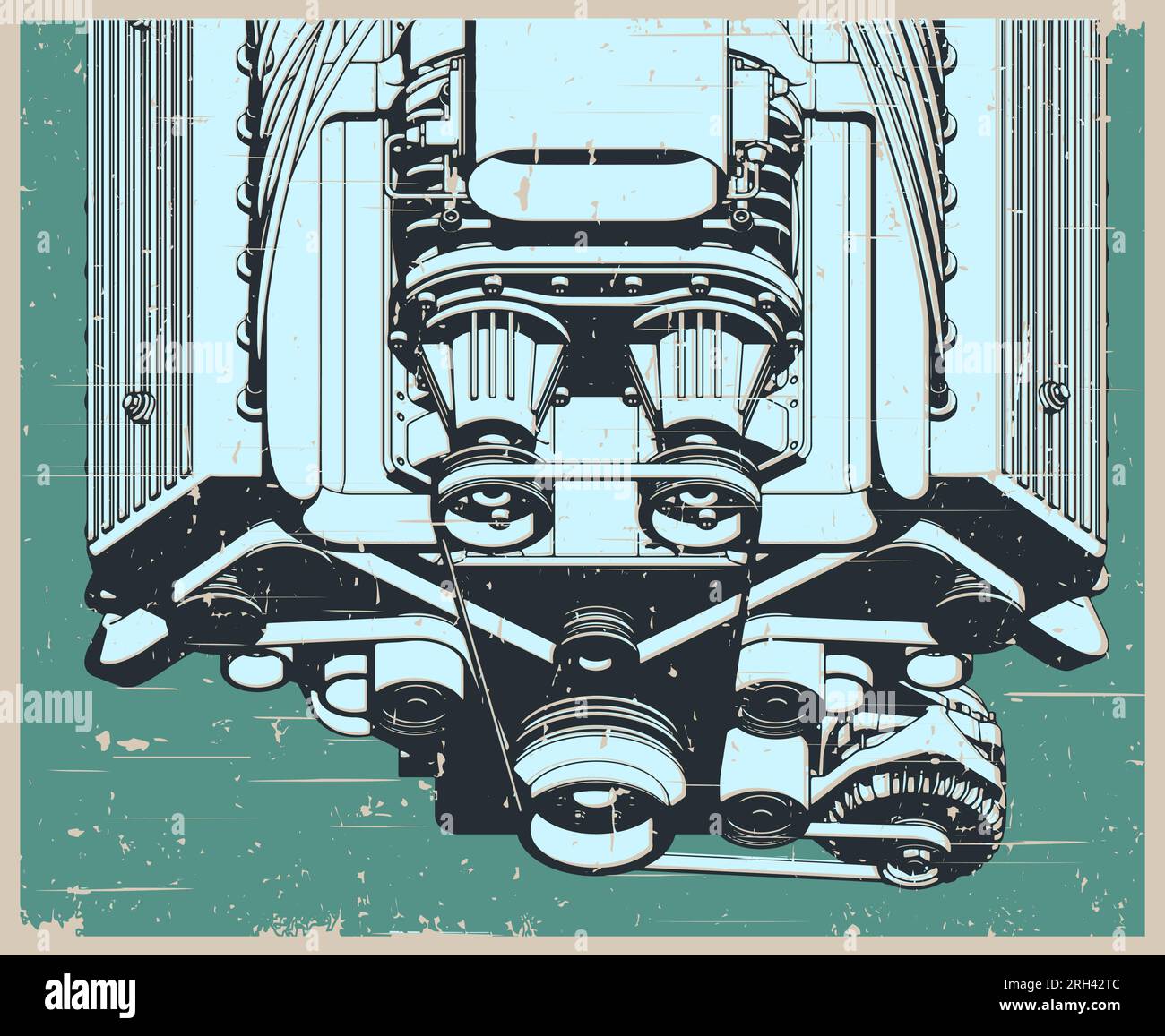 Stylized vector illustration of a powerful V engine close-up in retro ...