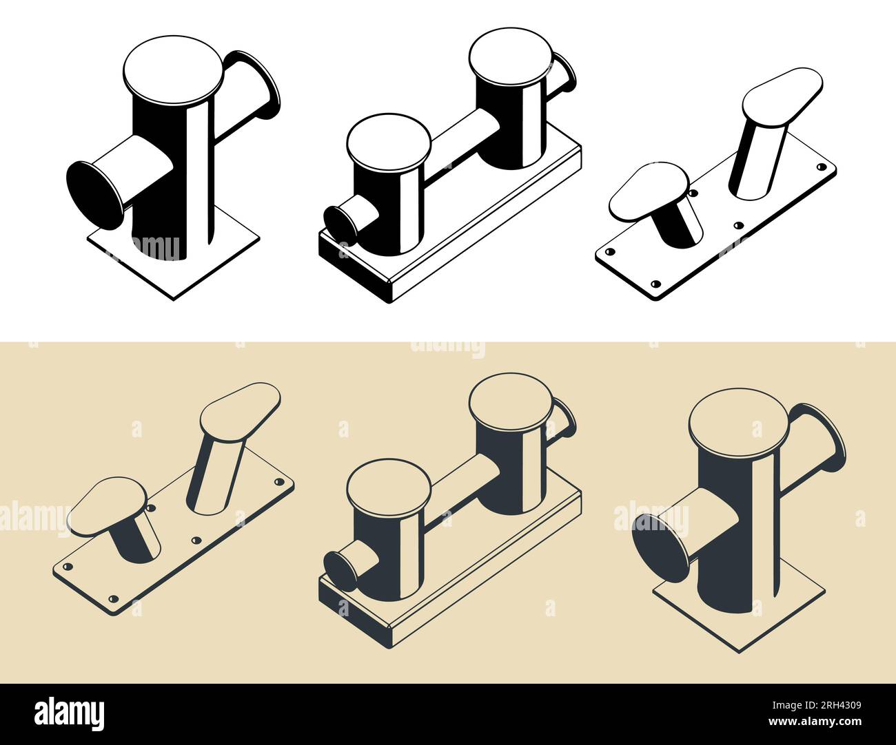 Stylized set of vector illustrations of mooring bitt equipment for ...