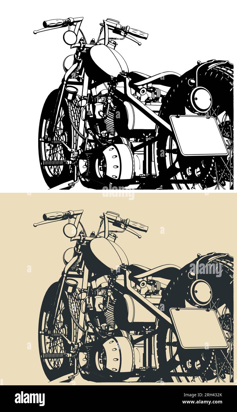 Stylized vector illustration of a classic vintage motorcycle close-up ...