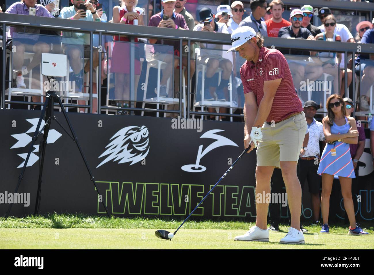 Bedminster, United States. 13th Aug, 2023. Cam Smith prepares to swing ...