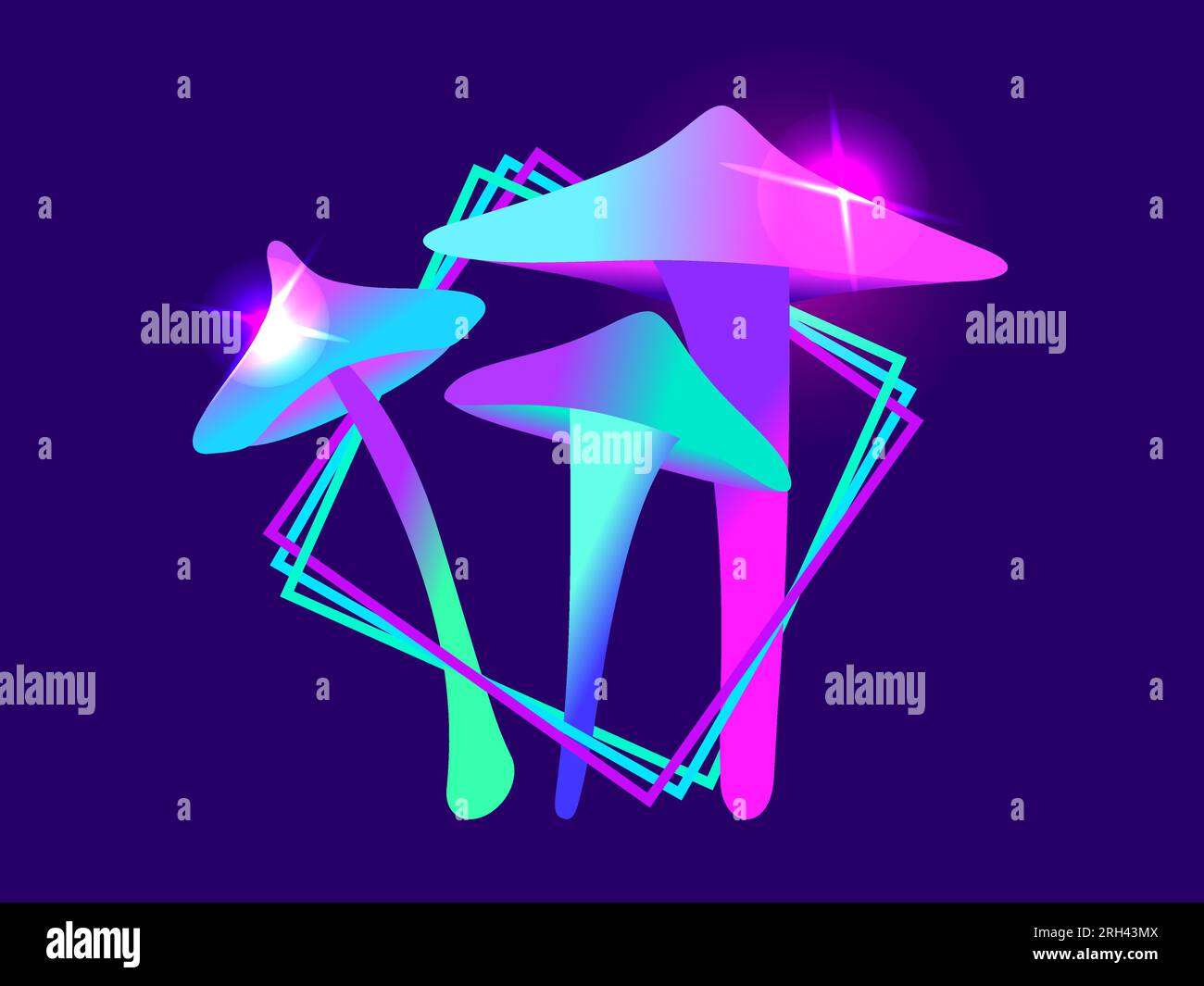 Magic mushrooms in a square frame. Fairy mushrooms with a bright glow ...