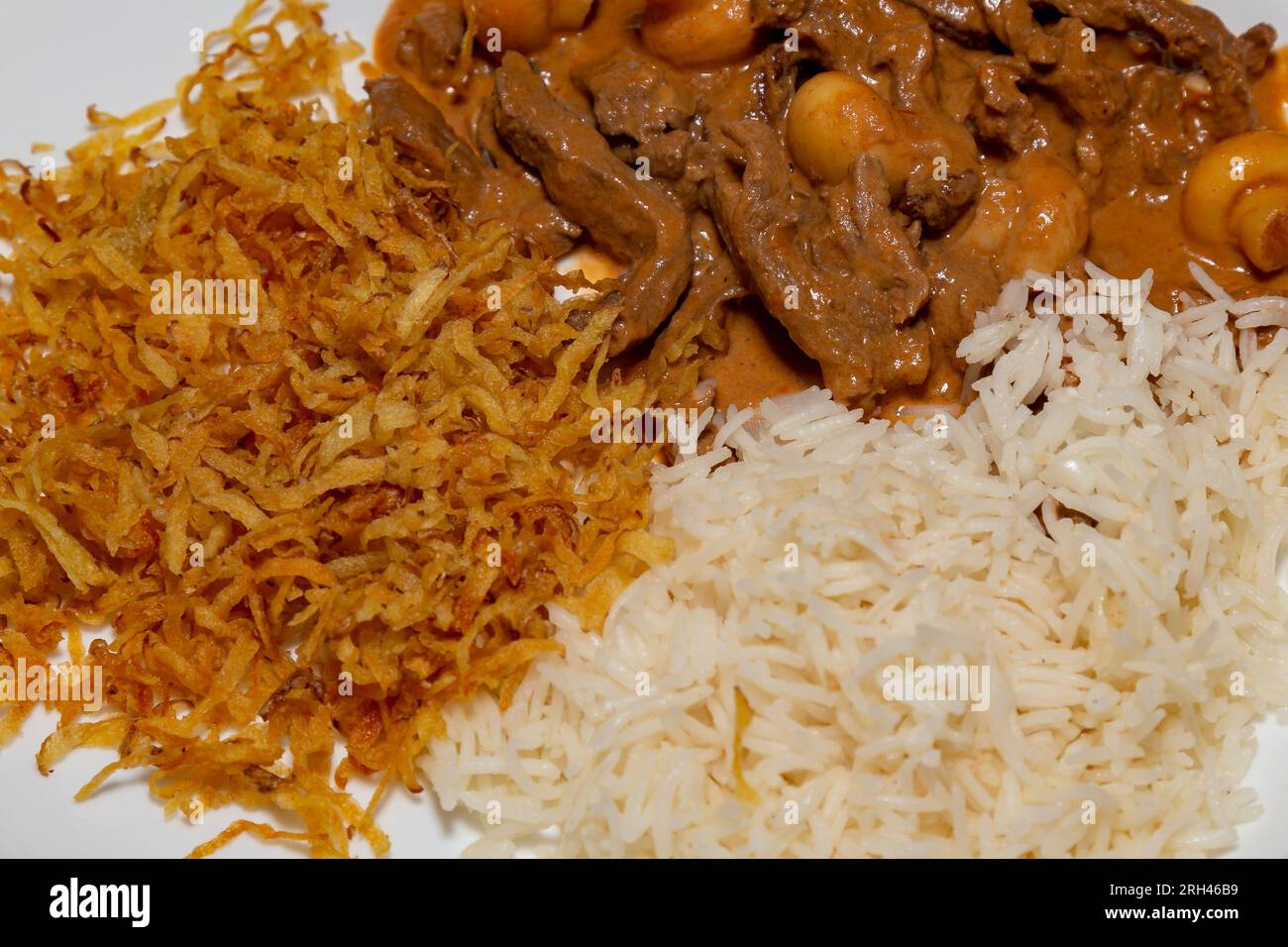 Traditional filet mignon stroganoff served on a white plate with rice ...