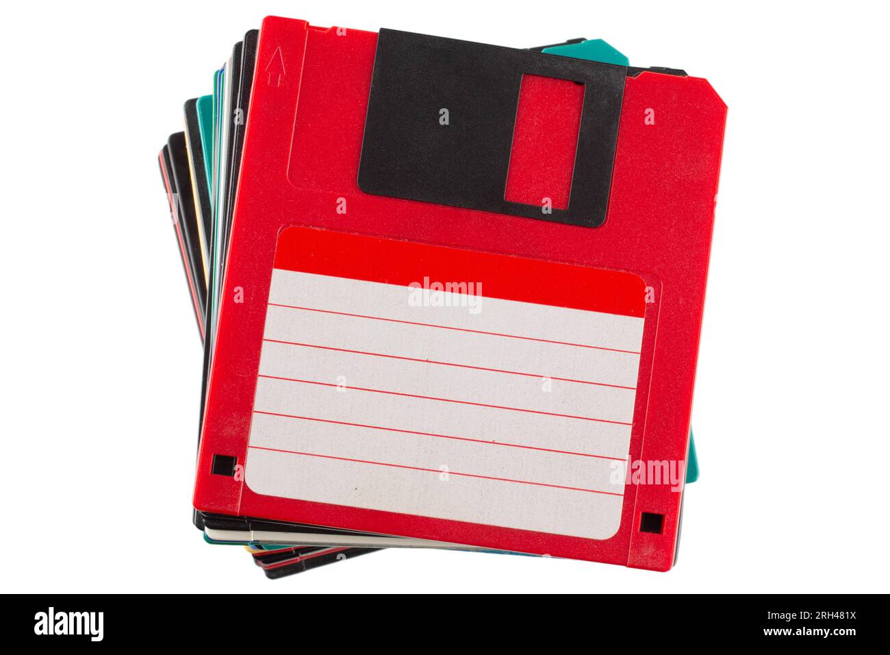 Colored old retro floppy diskettes in stack. Isolated on white ...