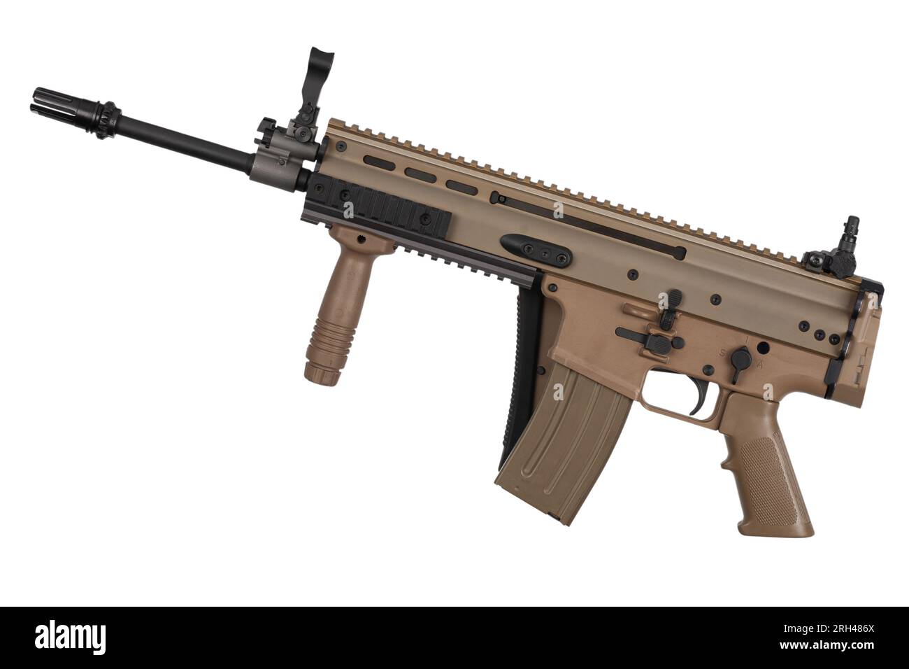 Modern army assault rifle with folded stock isolated on a white ...