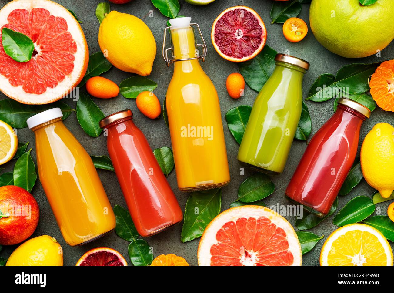 Summer fruit drinks. Citrus juices and smoothies in bottles, food ...