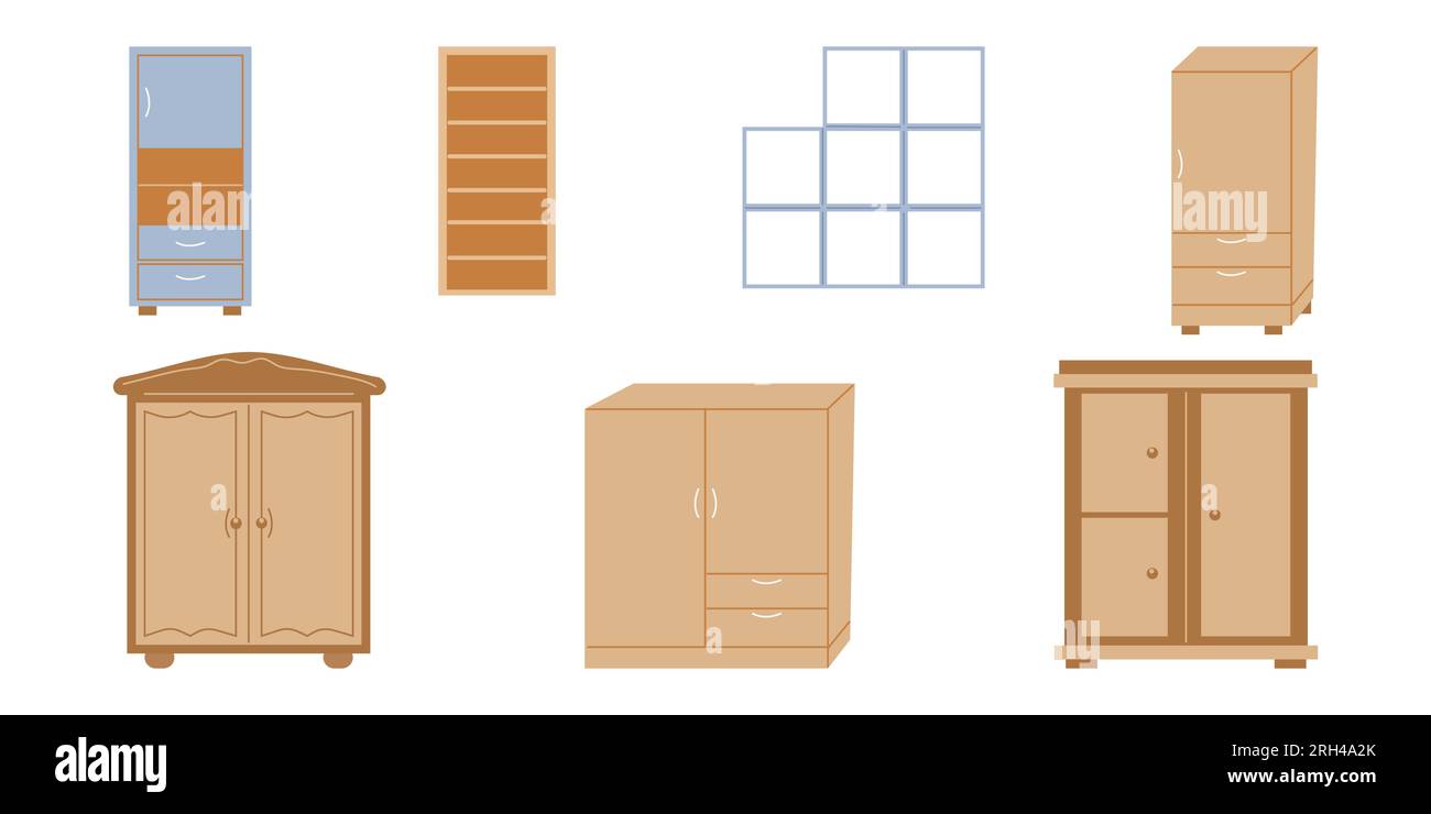 Storage furniture set in the living room. Cabinets and racks. Interior ...