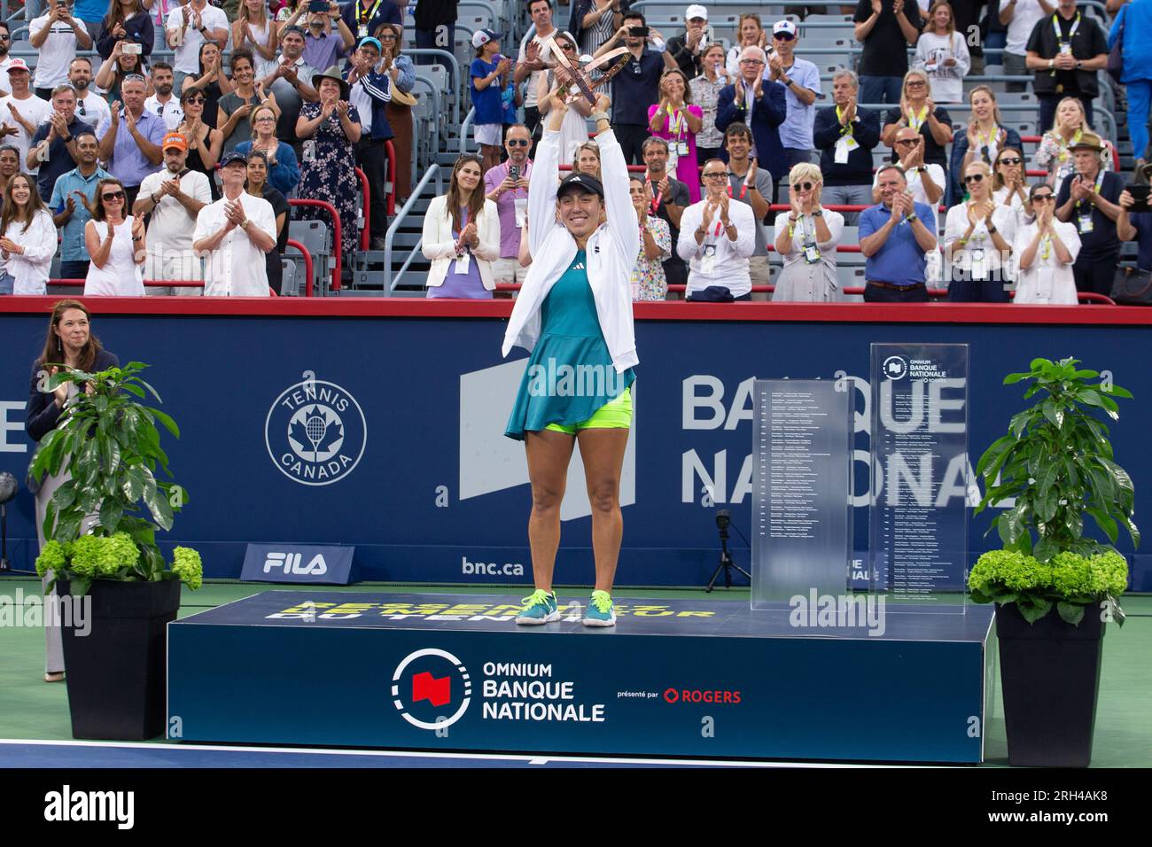 Montreal, Quebec, Canada. August 13, 2023: Jessica Pegula (USA) hoists ...