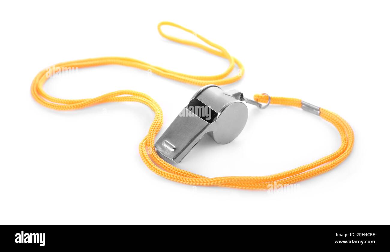 One metal whistle with cord isolated on white Stock Photo - Alamy