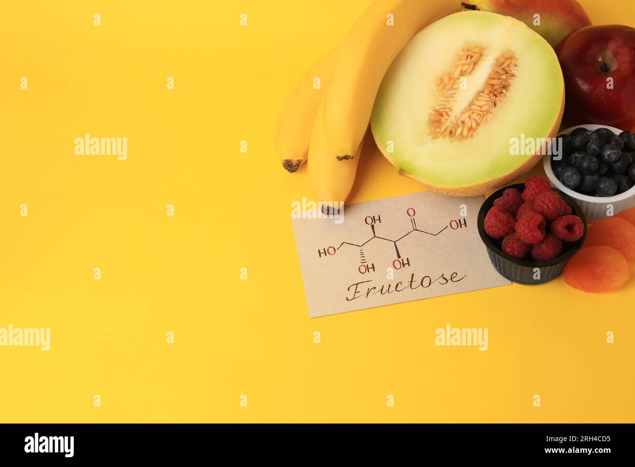 Card with fructose chemical structure, delicious fruits and berries on ...