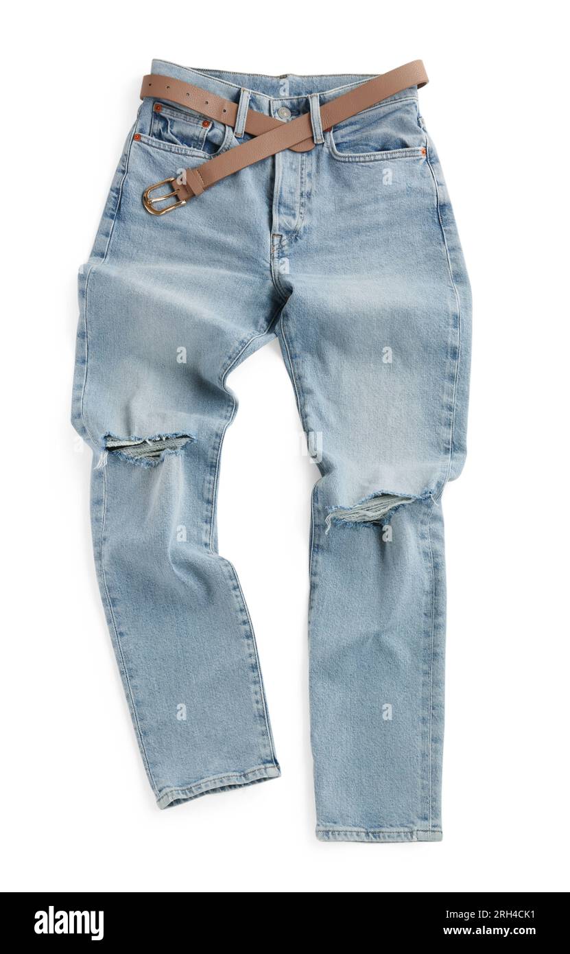 Rumpled light blue jeans with belt isolated on white, top view. Stylish ...