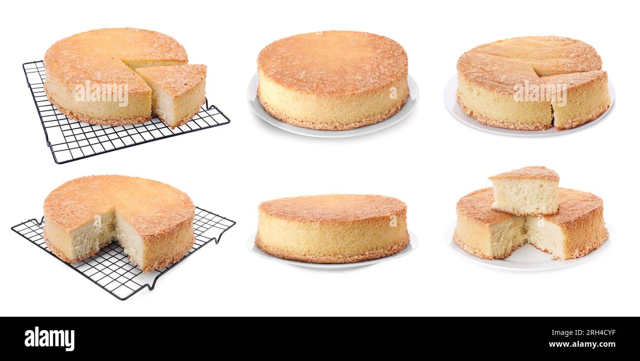 Tasty sponge cake isolated on white. Collage design Stock Photo - Alamy