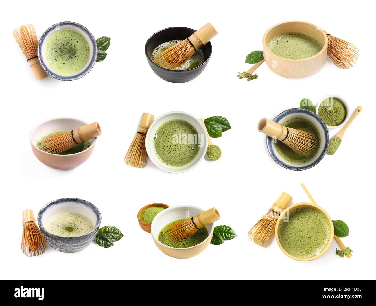 Collage with green matcha tea in bowls on white background Stock Photo ...