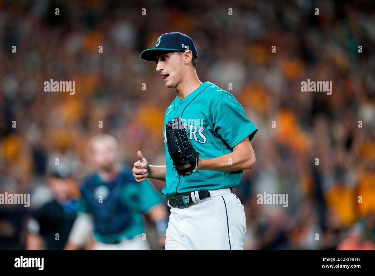 Seattle Mariners starting pitcher George Kirby gives a thumbs up after ...