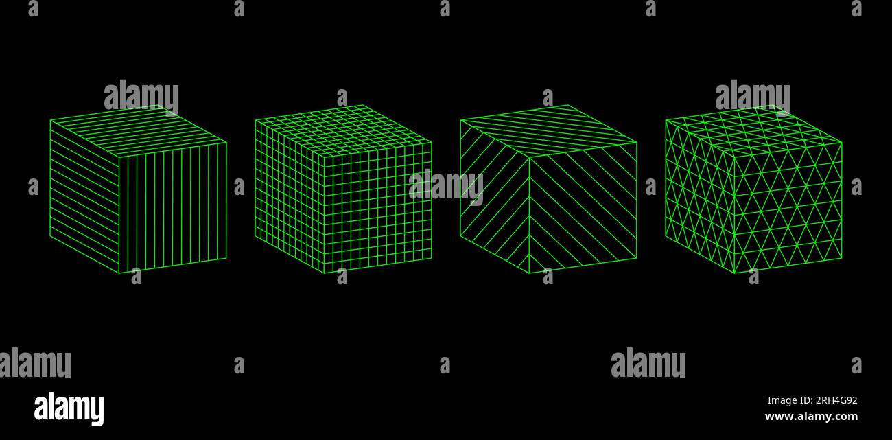 Neon green wireframe cubes collection. 3d outline shapes with different grid patterns. Geometric ...