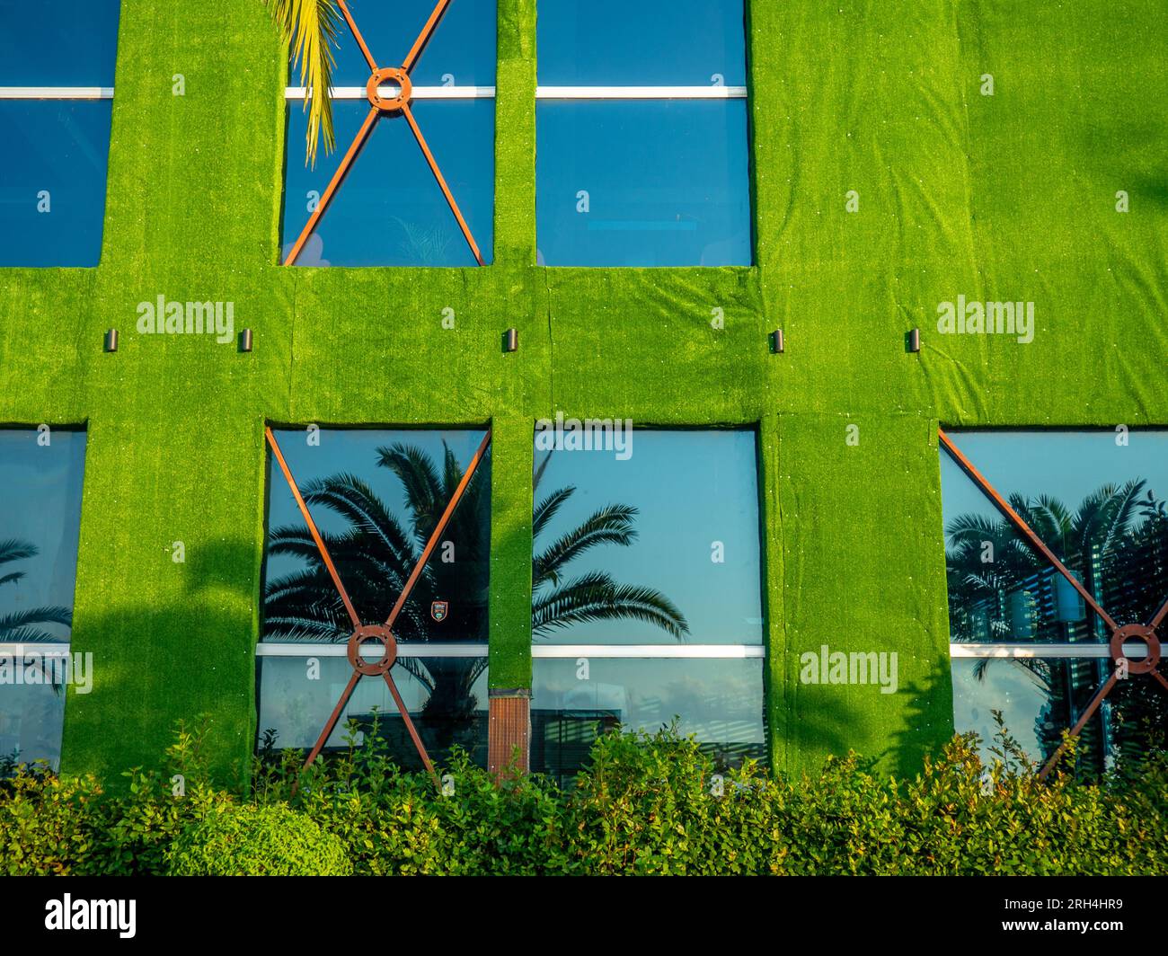 Facade of the building in green matter. Preparations for decorative ...