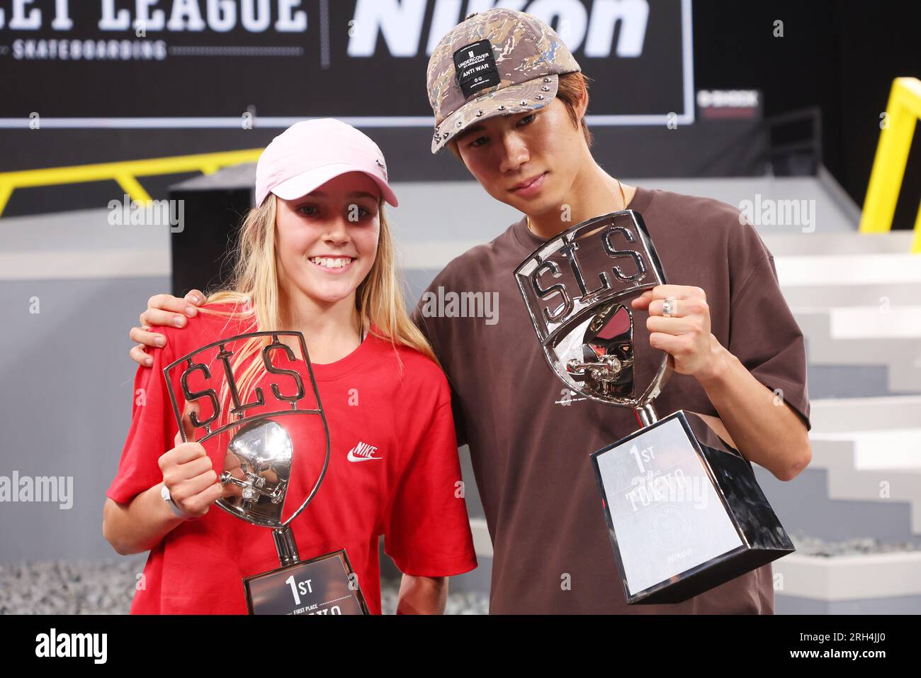 (L to R) Chloe Covell (AUS), Yuto Horigome (JPN), Nyjah Huston (USA ...